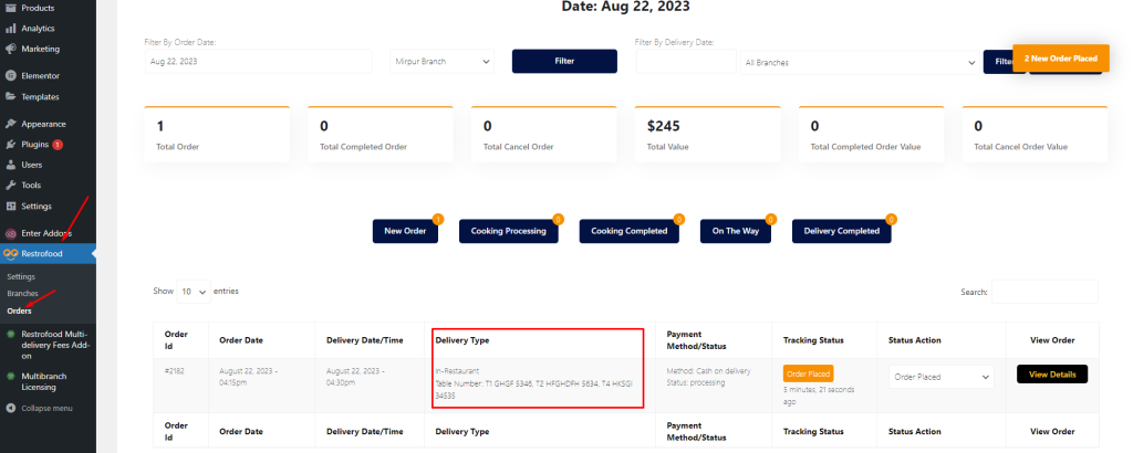 Find the Table Number in RestroFood In-Restaurant Orders?